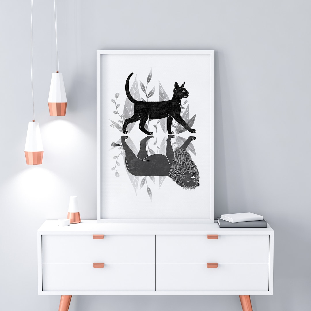 Modern Contemporary Cat Lover Art Print, Hand Drawn Illustration Lounge ...