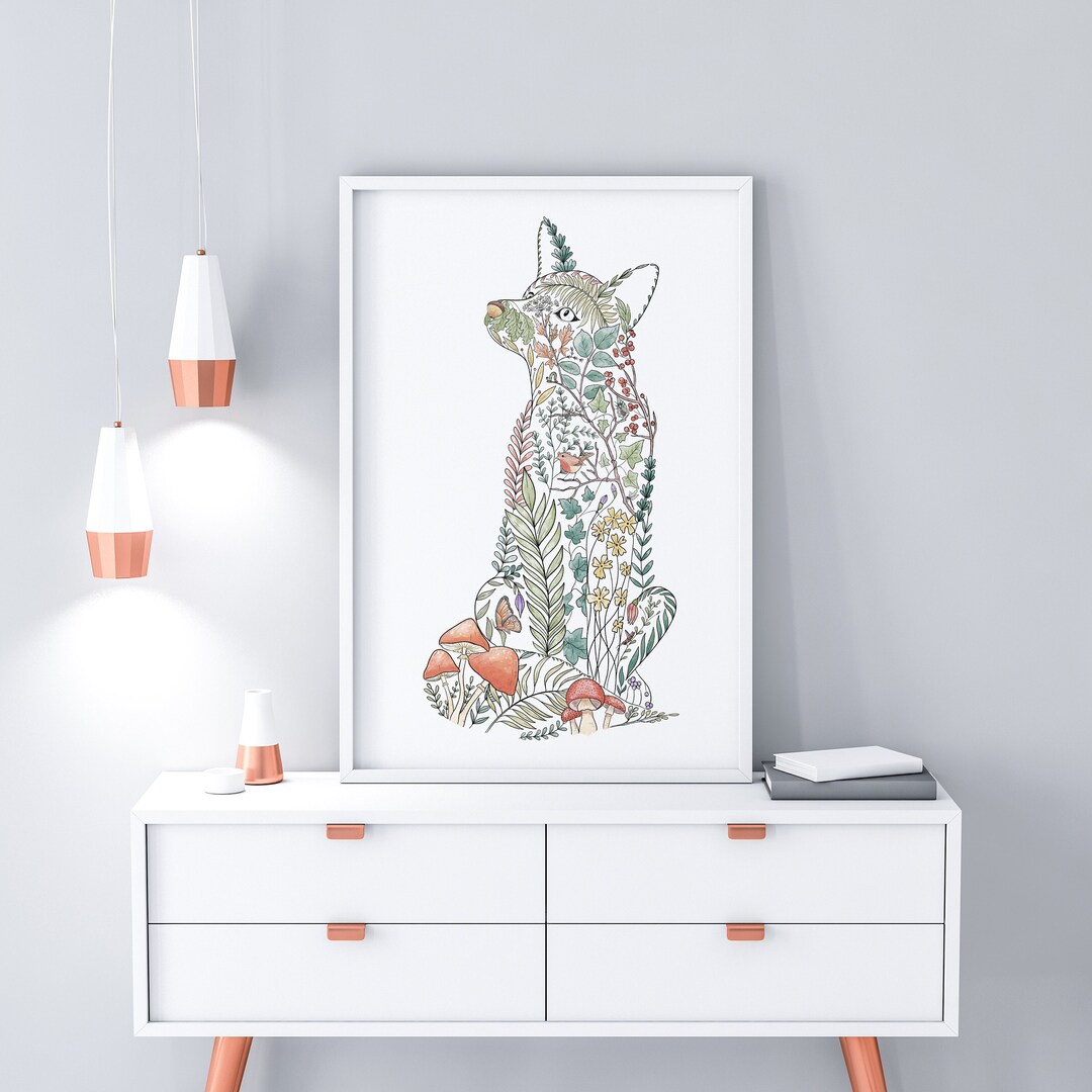 Botanical Fox Hand-drawn Wall Art Print, Floral Fox Illustration Art ...