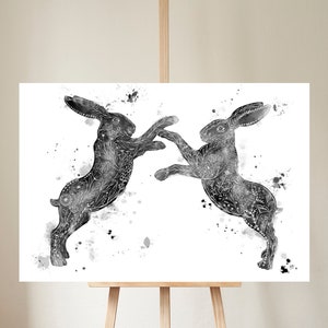 Fighting Hares Art Print, Floral Rabbit Illustration Print, Hare Ink ...