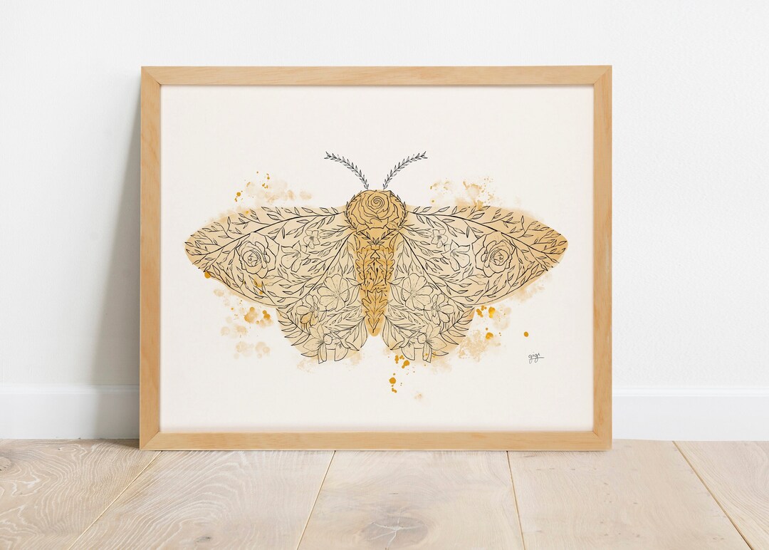 Moth Floral Print, Moth Art, Mustard Moth, Livingroom Art, Home Decor ...
