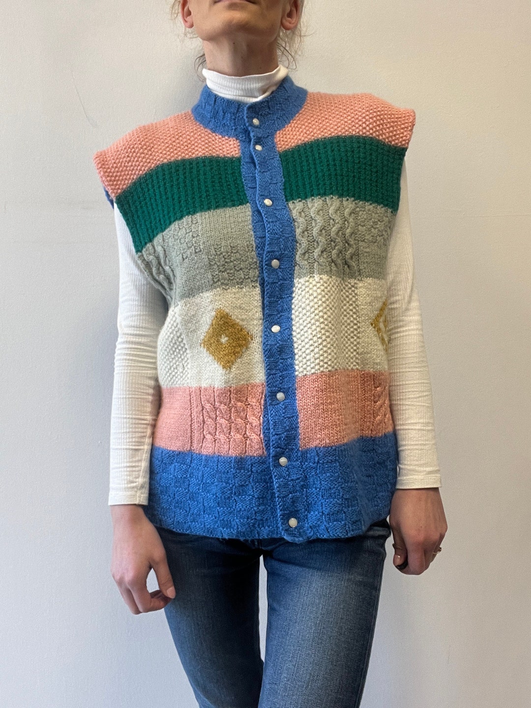 Multicolor Vest Wool, Vintage Blue Pink Gray Cable Knitted Vest Sweater ...