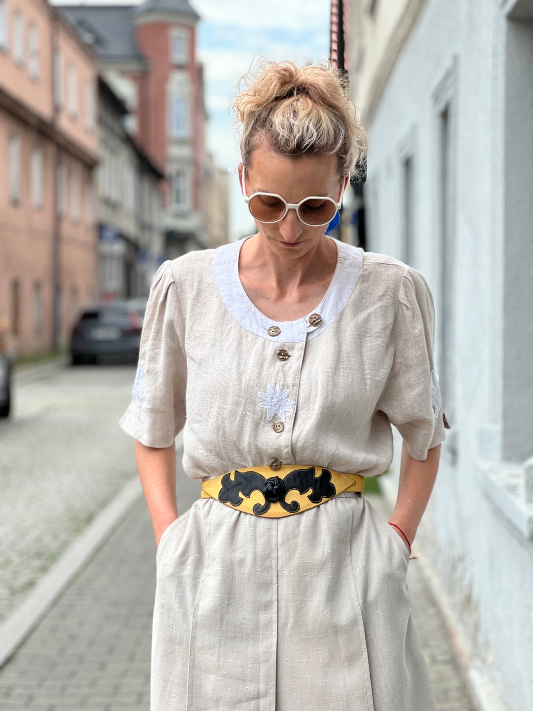 HESS FRACKMANN, Wrap Blouse, Gray Cream Linen Vintage Summer Button-up ...