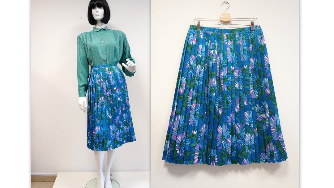 Pleated Midi Skirt, Floral Pattern Skirt, Vintage Skirt, Pleated ...