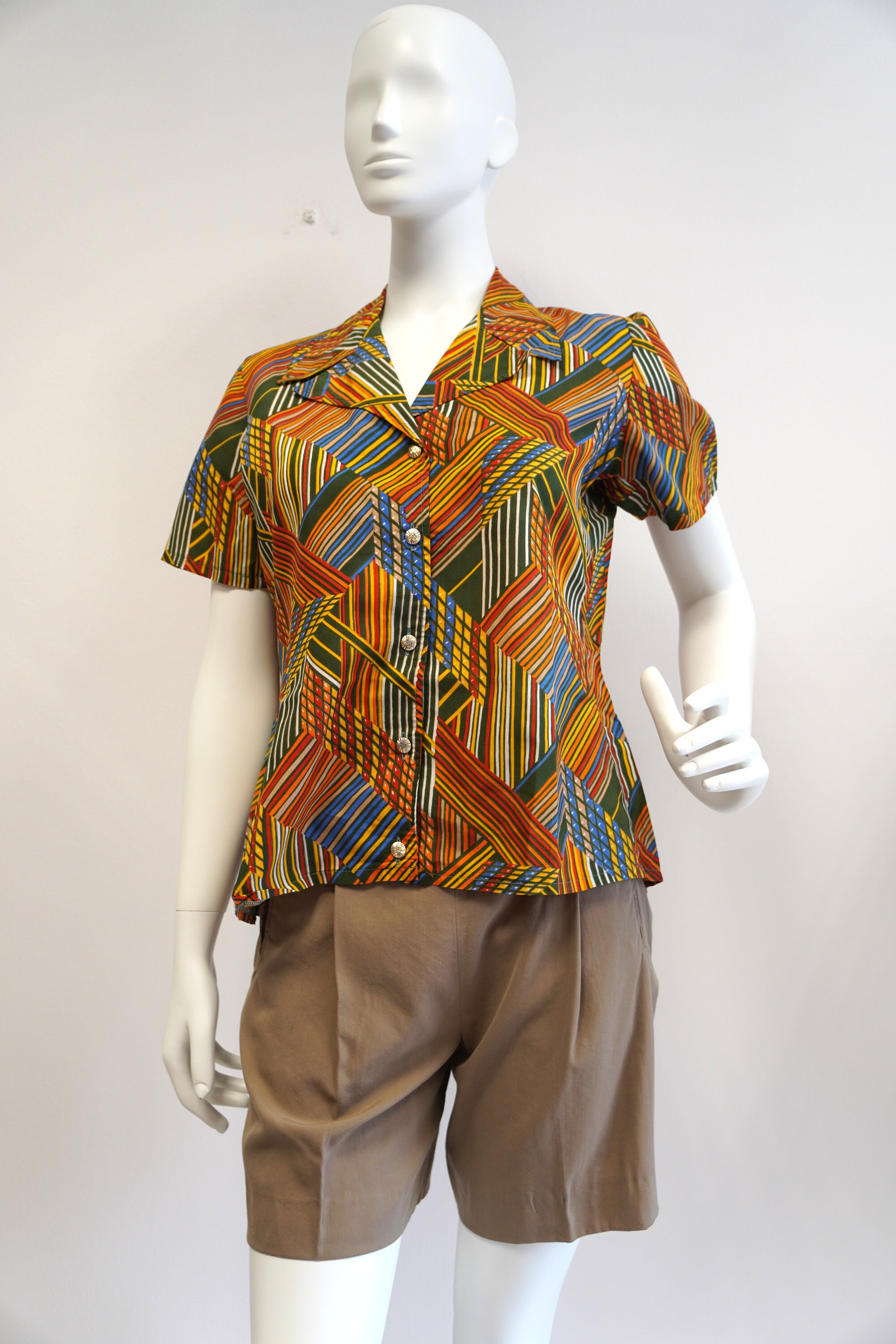 Retro Blouse, Vintage Blouse, Oversize Blouse, Striped Blouse, Colorful ...