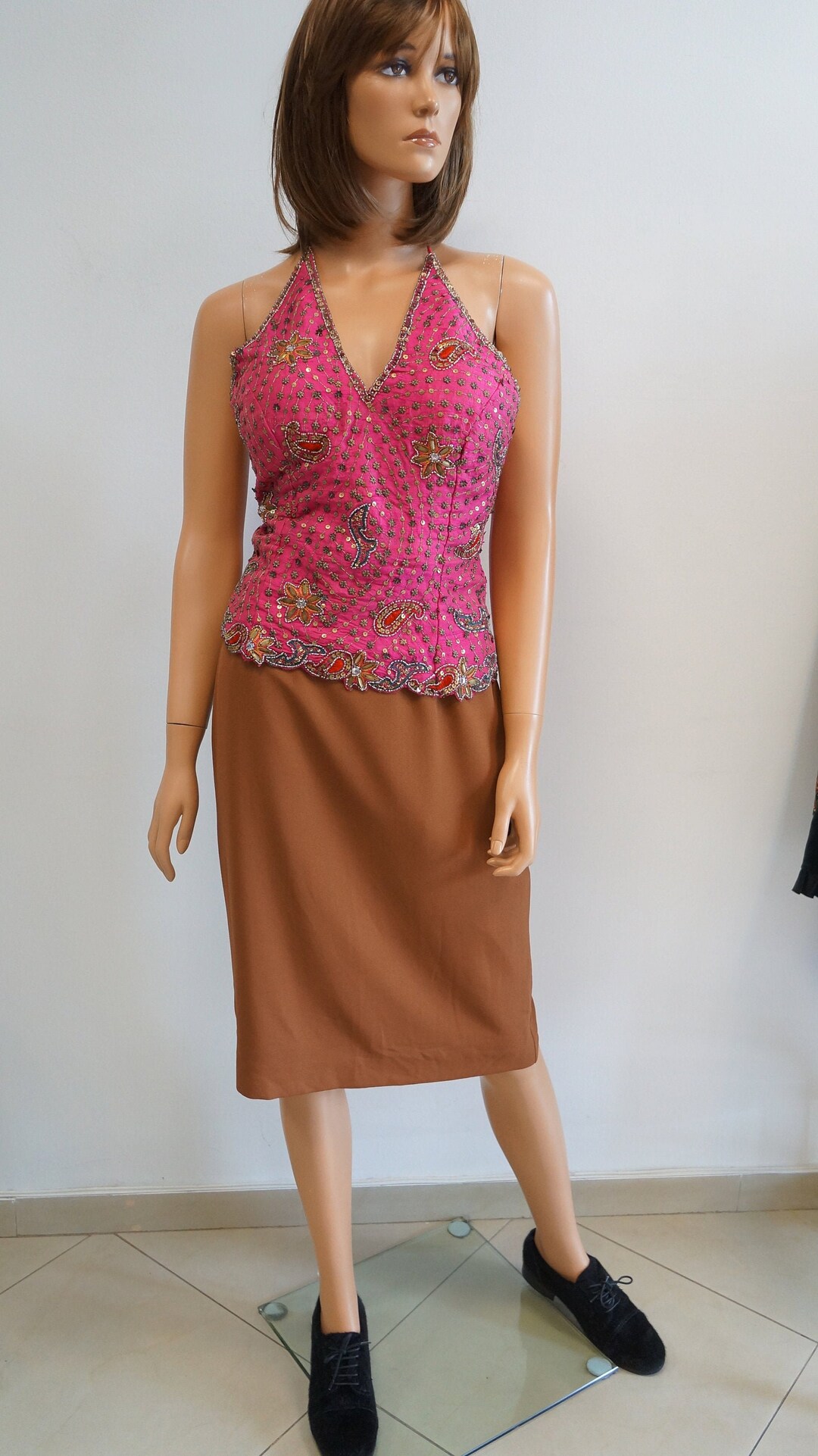 Pink Sequins Silk Corset, Corset Tied at the Back, Vintage Embroidered ...