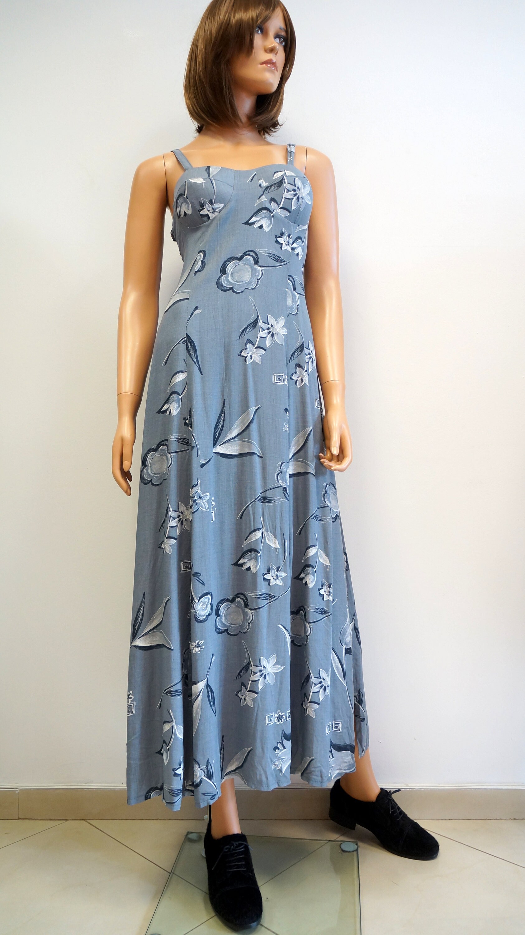 Gray Viscose Summer Dress, Floral Long Gray Dress, Small Size - Etsy