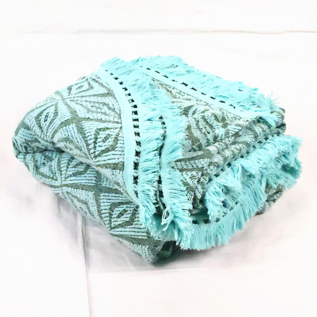 1960s Turkish Bedspread W/ Fringe, Turquoise Blue Green Blanket Throw ...