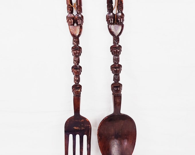 1960s Polynesian Fork & Spoon Wall Decor, Wooden Leather Fabric, 33 ...