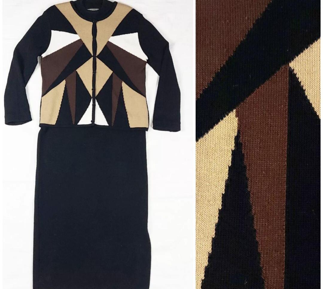 1990s Koret Maxi Sweater Dress W/ Cardigan, Color Block, Two Piece ...