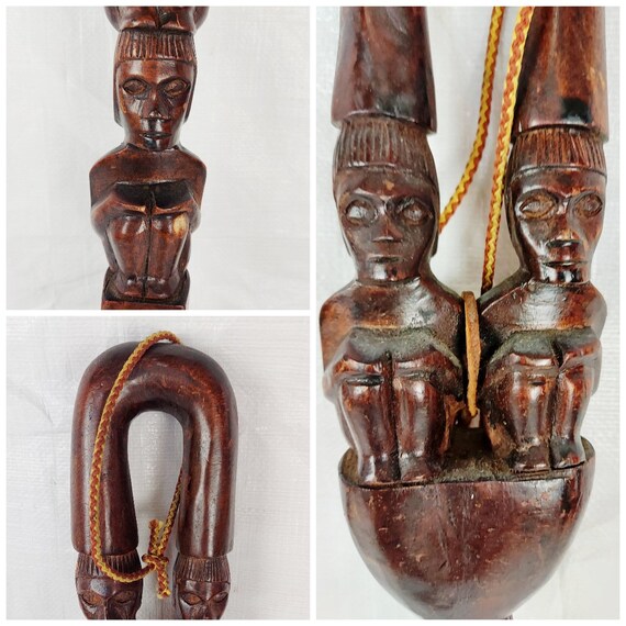 1960s Polynesian Fork & Spoon Wall Decor, Wooden Leat… - Gem