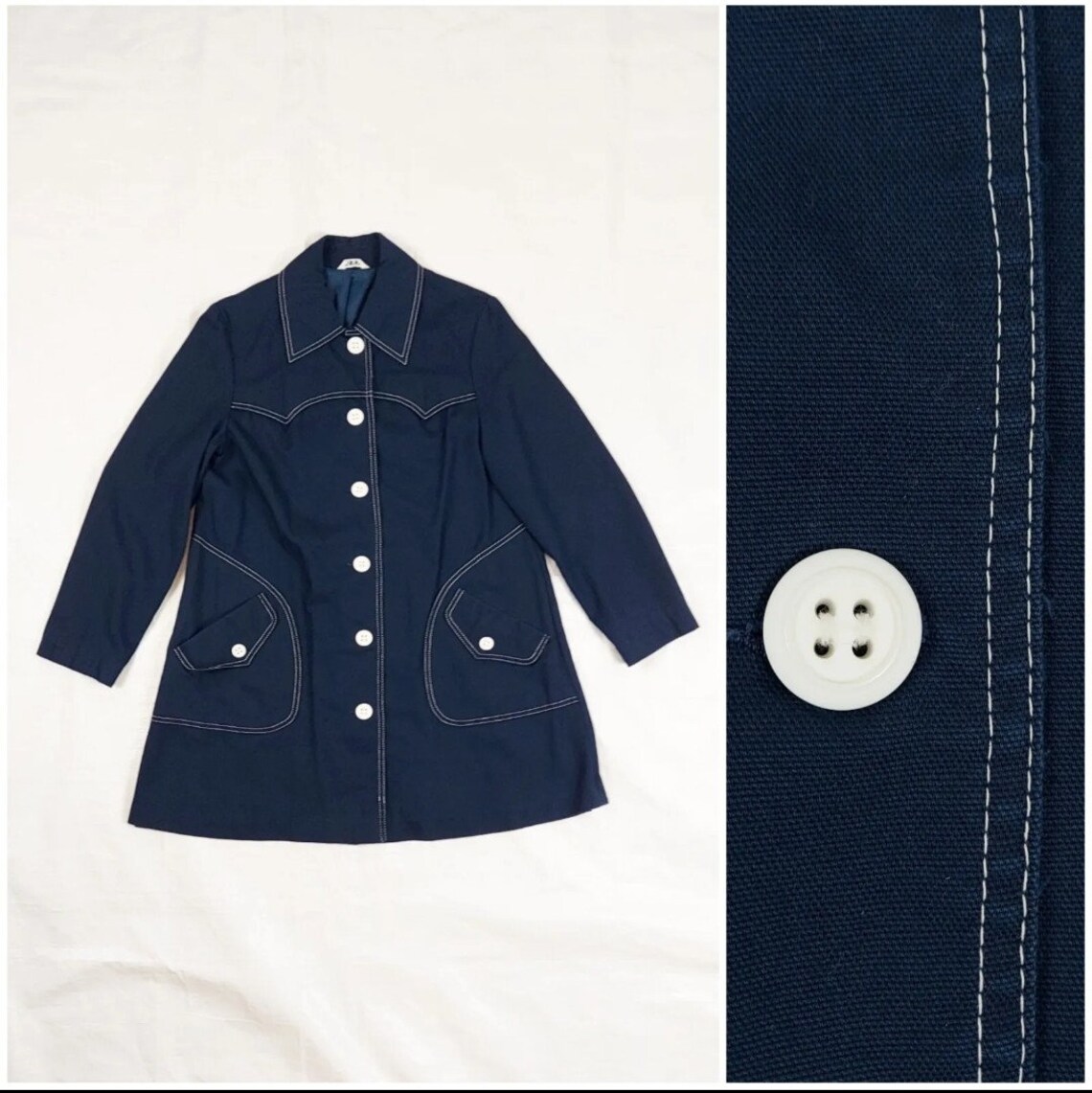 1970s JC Penny Duster Jacket Midi Coat, Navy W/ White Stitching ...