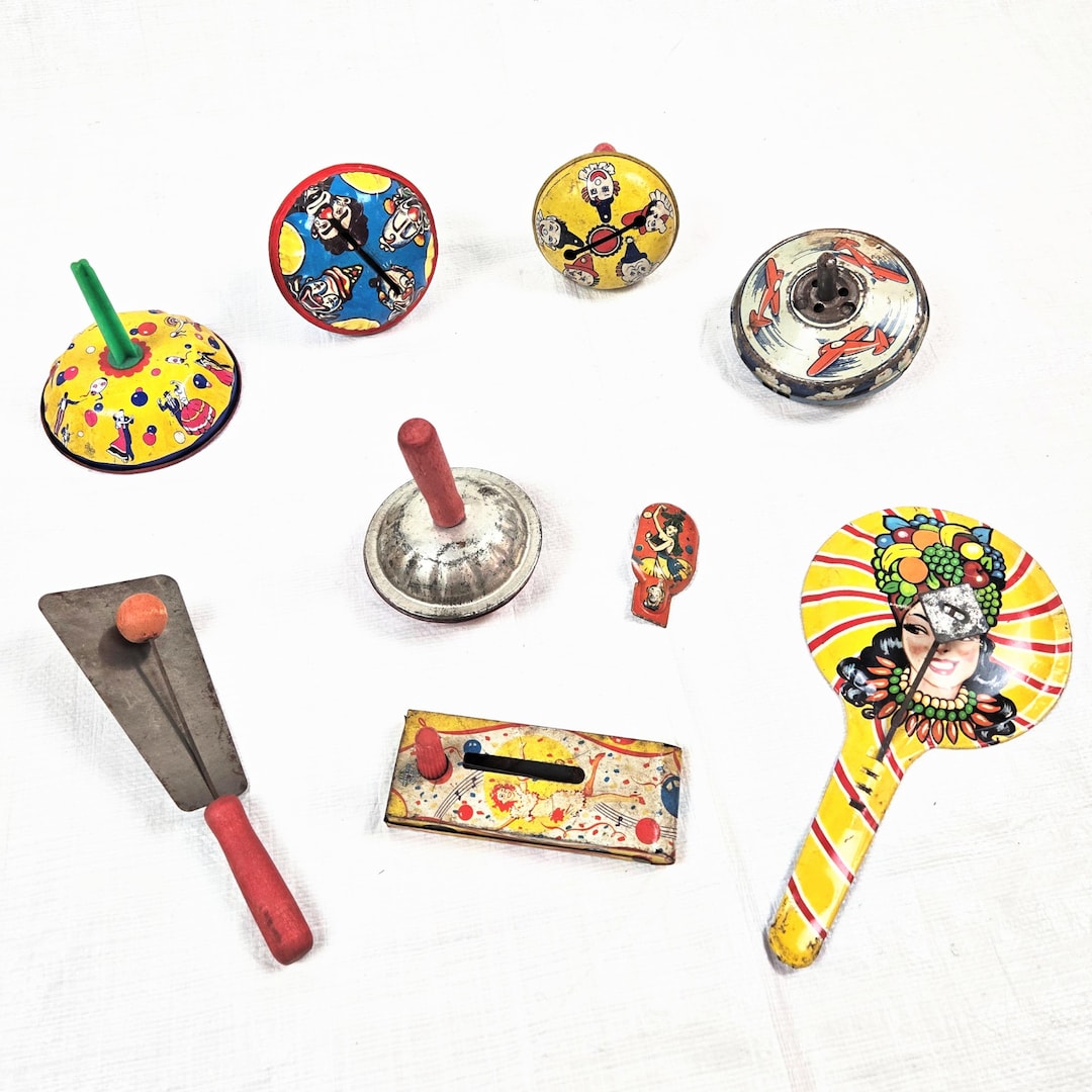 1950s Tin Noise Maker & Spinning Top Set, Lot 9, Vintage 50s Midcentury ...