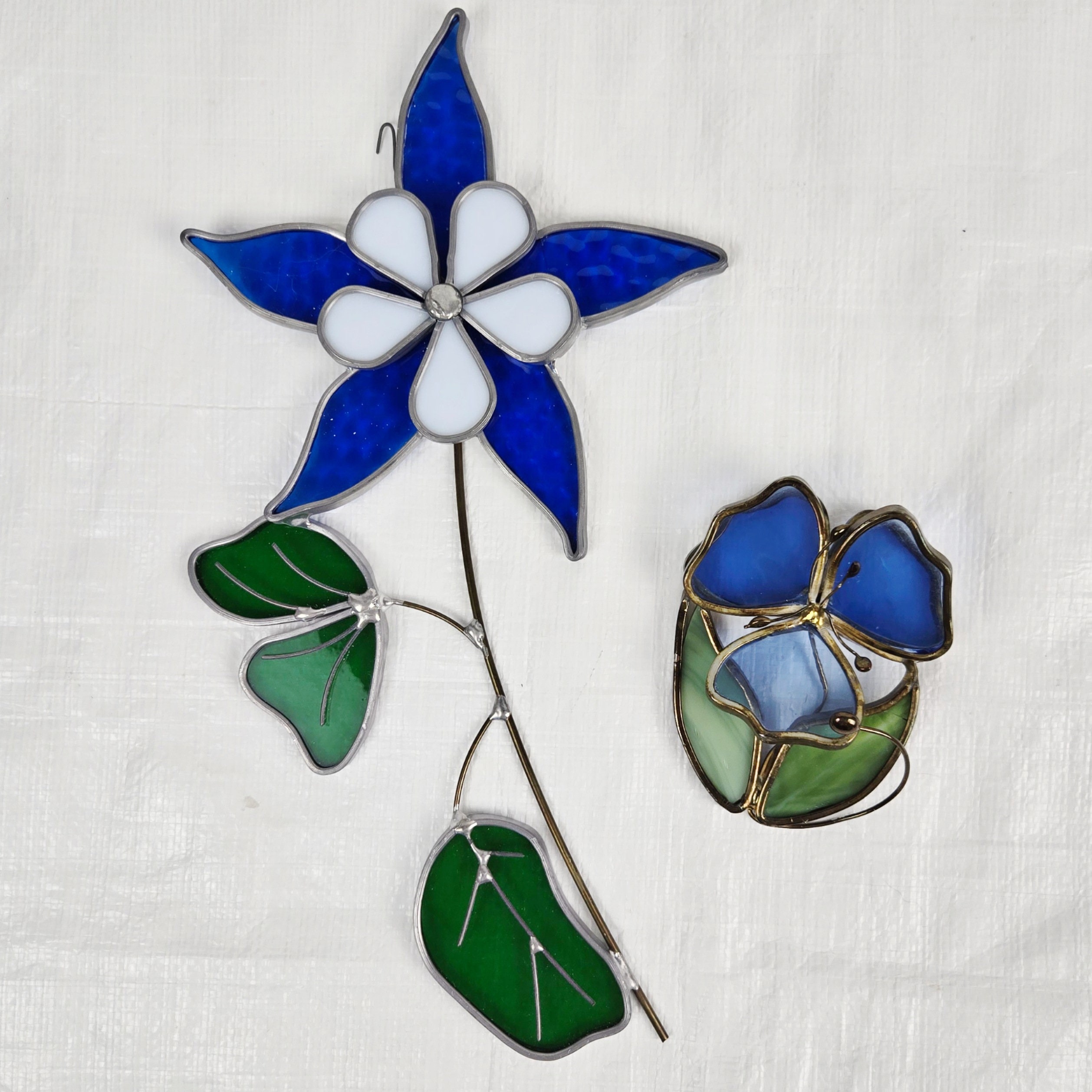 1970s Blue Floral Stained Glass Decor Set, Lot 2, Handmade Homemade ...