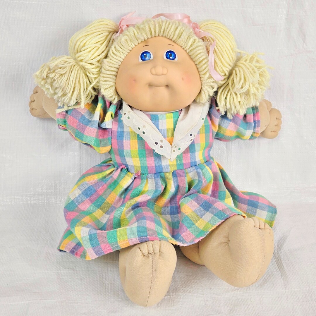 1980s Cabbage Patch Doll W/ Handmade Pastel Plaid Dress, Pink Ribbons ...