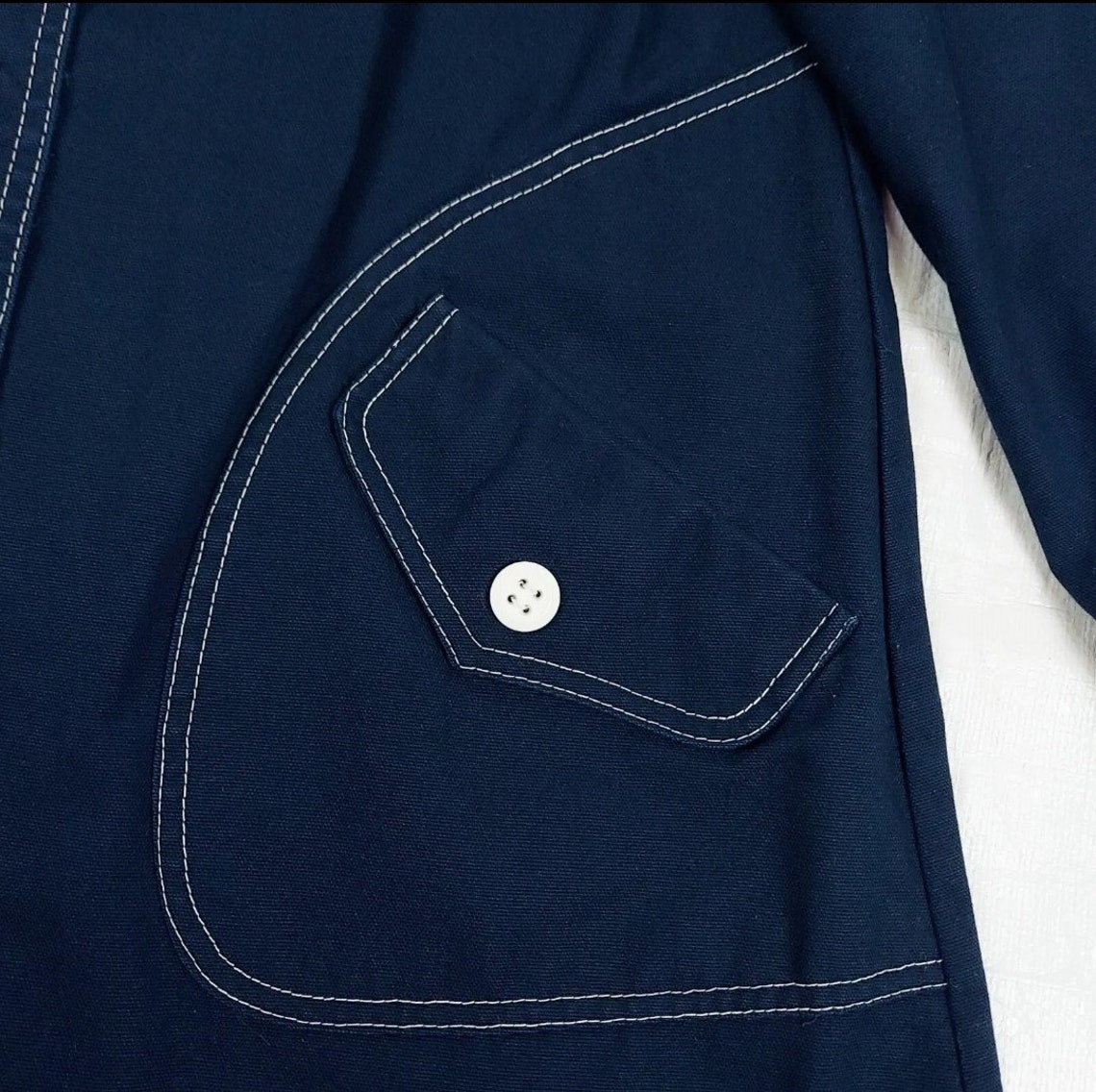 1970s JC Penny Duster Jacket Midi Coat, Navy W/ White Stitching ...