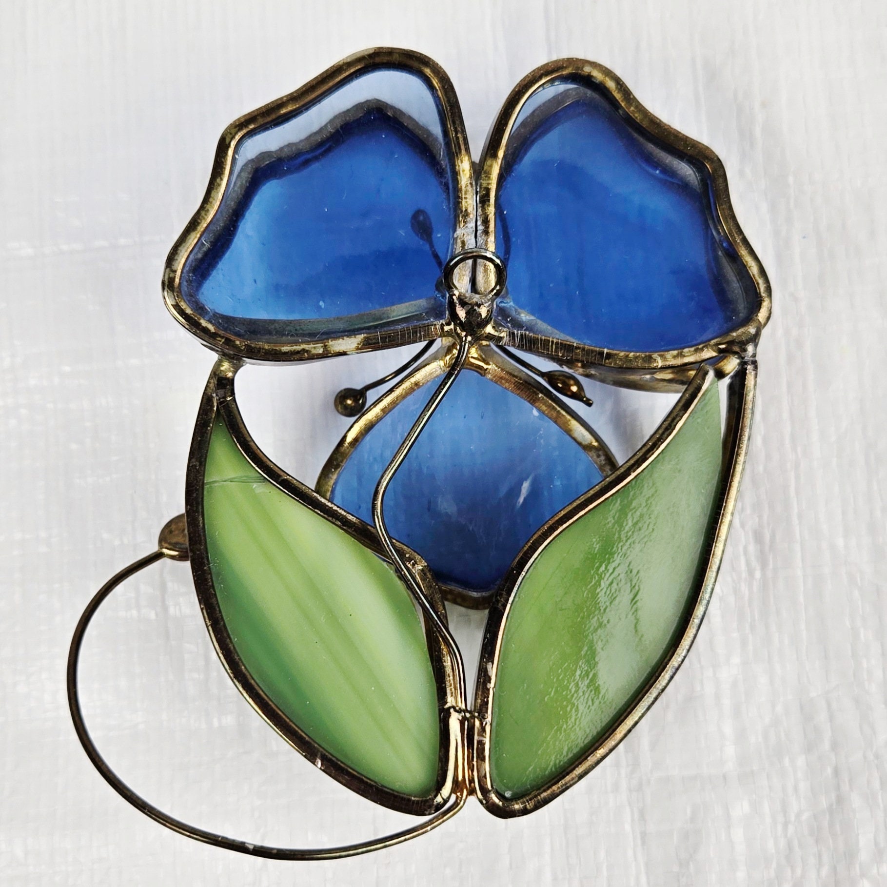 1970s Blue Floral Stained Glass Decor Set, Lot 2, Handmade Homemade ...