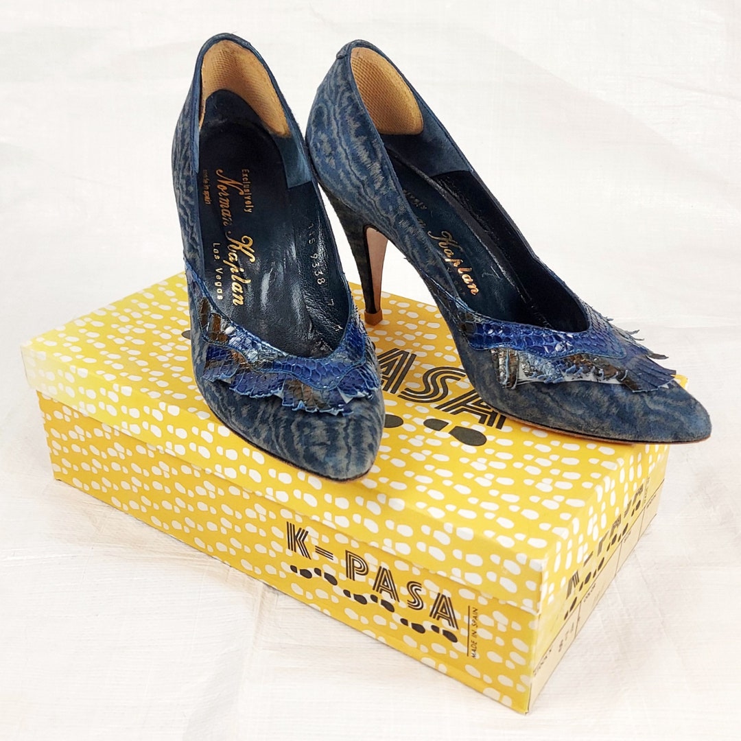1980s Norman Kaplan Las Vegas Heels, Size 7, Blue Faux Suede, Fringe ...