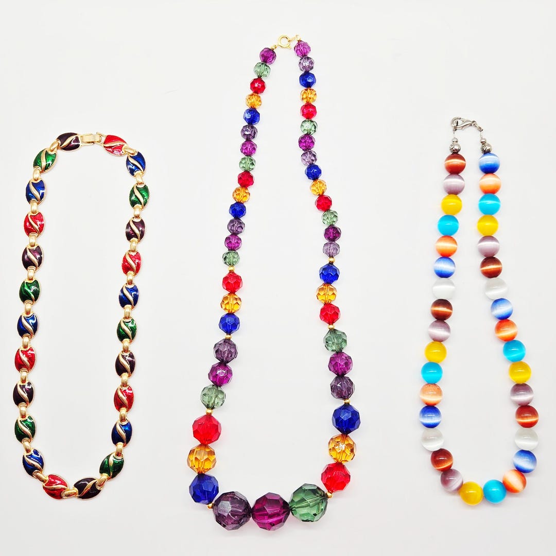 1990s Jewel Tone Chunky Necklace Collection, Lot 3, Glass Metal Plastic ...