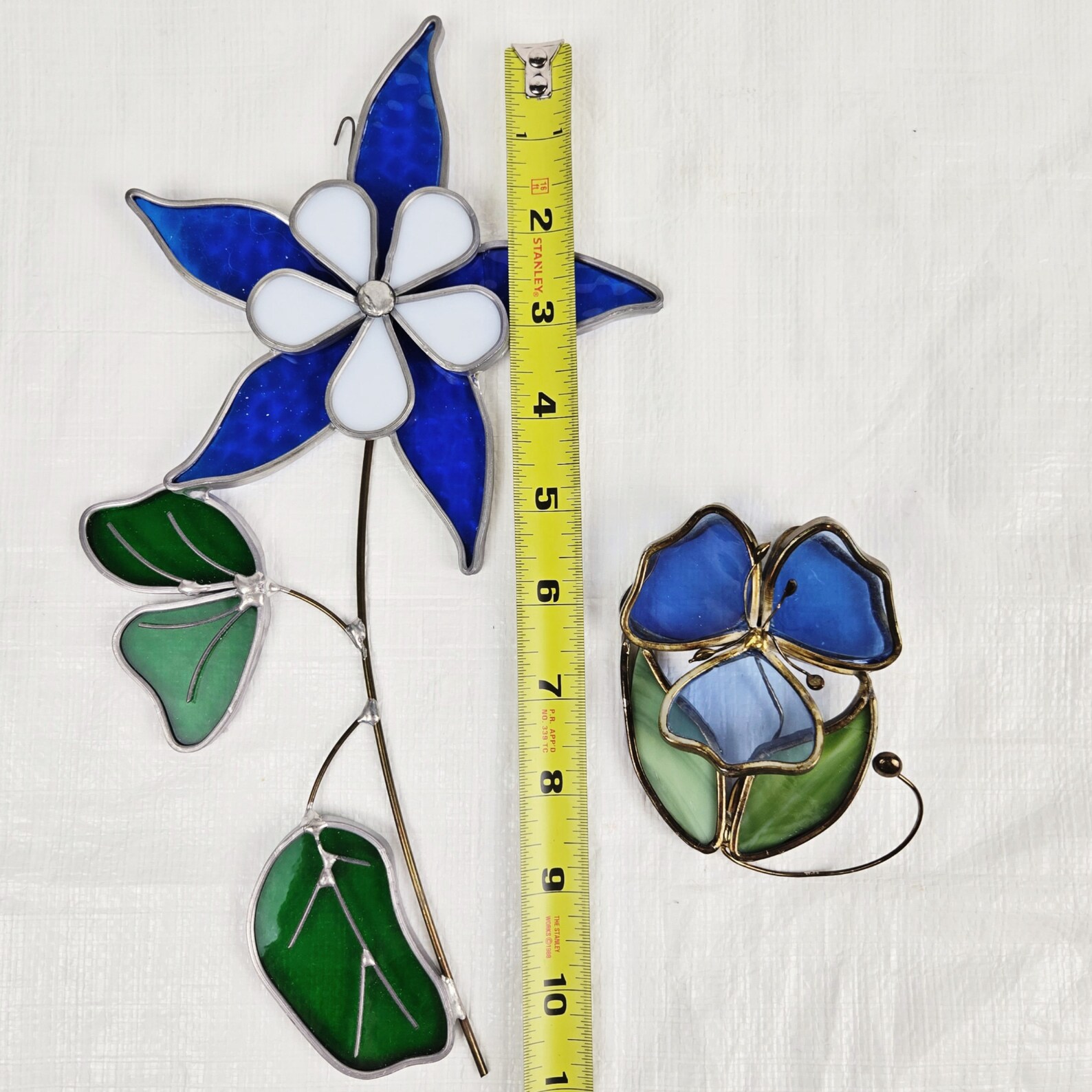 1970s Blue Floral Stained Glass Decor Set, Lot 2, Handmade Homemade ...
