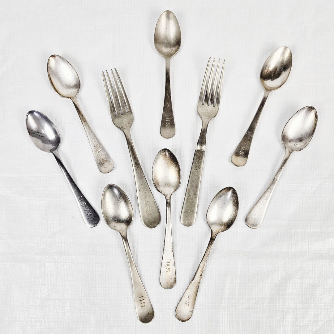 1940s Military Issue Flatware, Lot 10, 2 Forks 8 Spoons, Silco NF Co ...