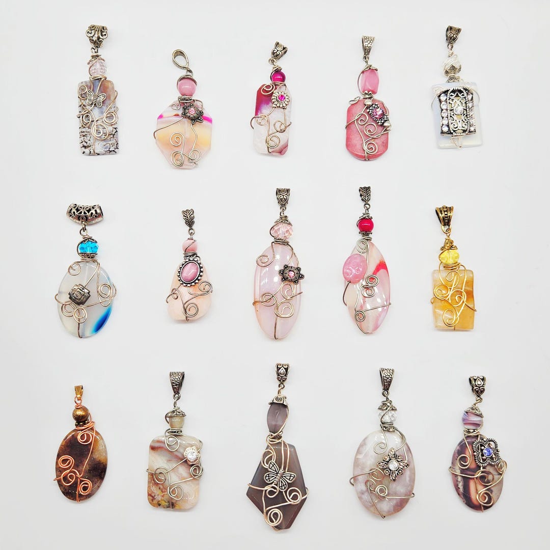 Y2K Wrapped Stone Pendants Collection, Lot 15, Silver Tone Wire ...