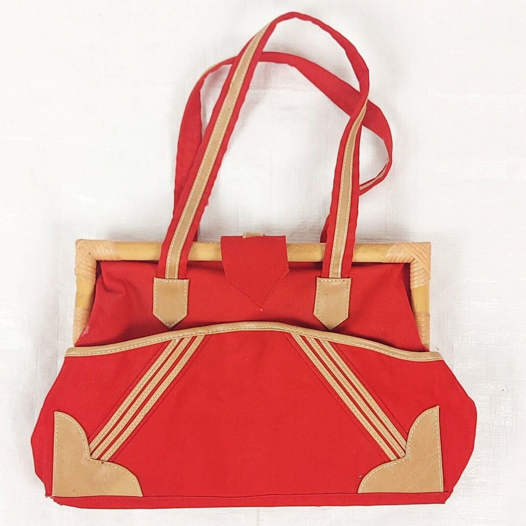 1970s Holiday Fair Purse Handbag Bag, Red Rattan Wood Faux Leather ...