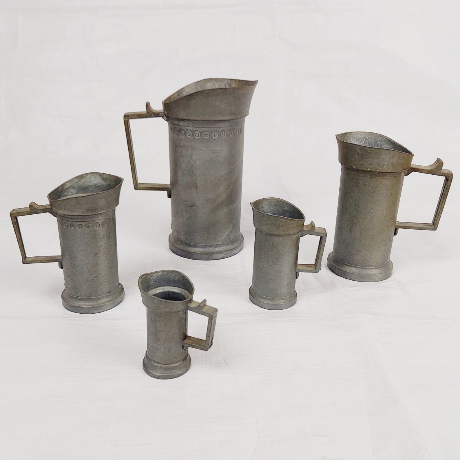 1900s Dutch Pewter Measuring Cups W/ Handles, Lot 5, Alphabet Theme ...
