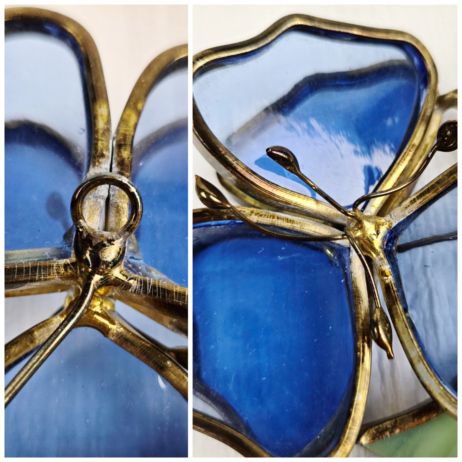1970s Blue Floral Stained Glass Decor Set, Lot 2, Handmade Homemade ...