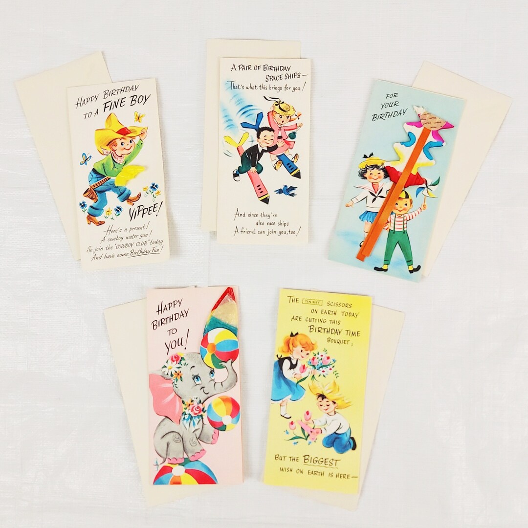 1950s Children's Birthday Cards W/ Attached Toys & Cards, Lot 5, Made ...