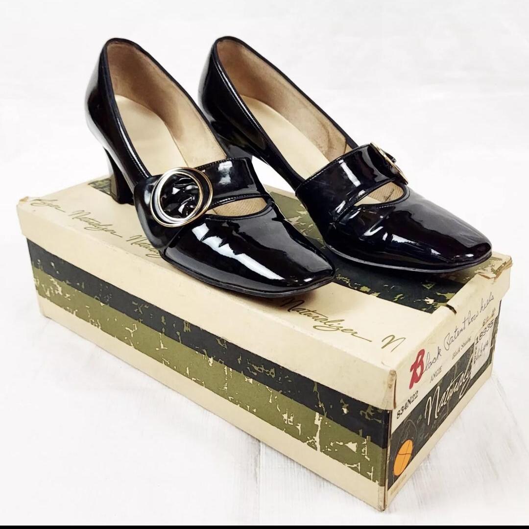 1950s Naturalizer Block Heels, Size 6.5, Black Leather, Faux Buckle ...