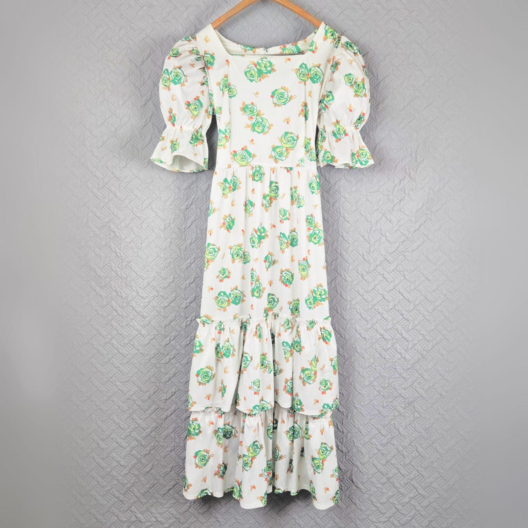 1970s Tiered Ruffle Prom Dress W/ Puff & Bell Sleeves, Green Roses ...