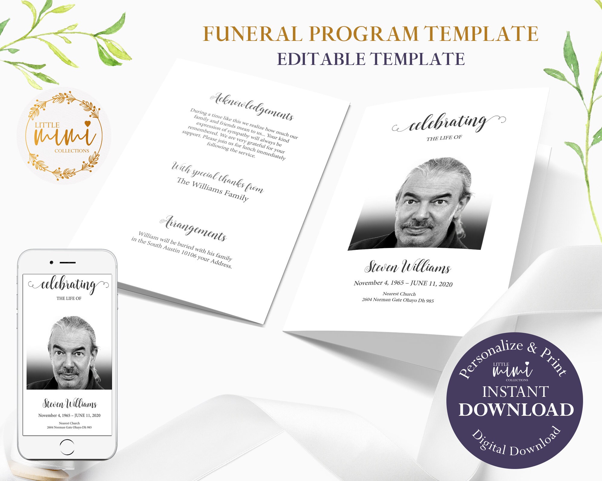 Editable Funeral Program Template White Memorial Program | Etsy