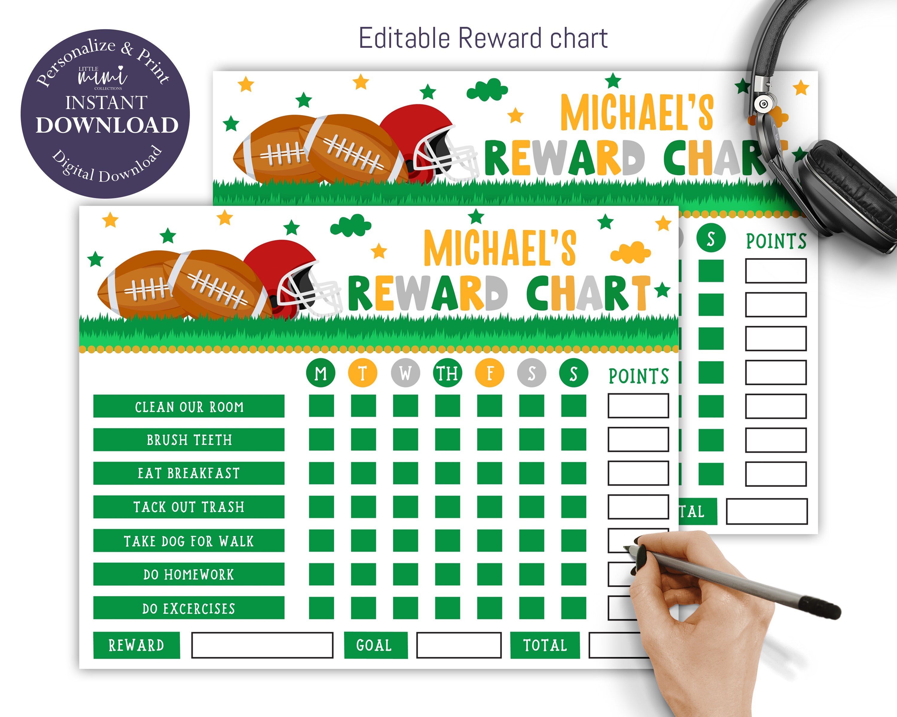 Editable Hand Football Reward Chart Task Kids Chore Chart | Etsy