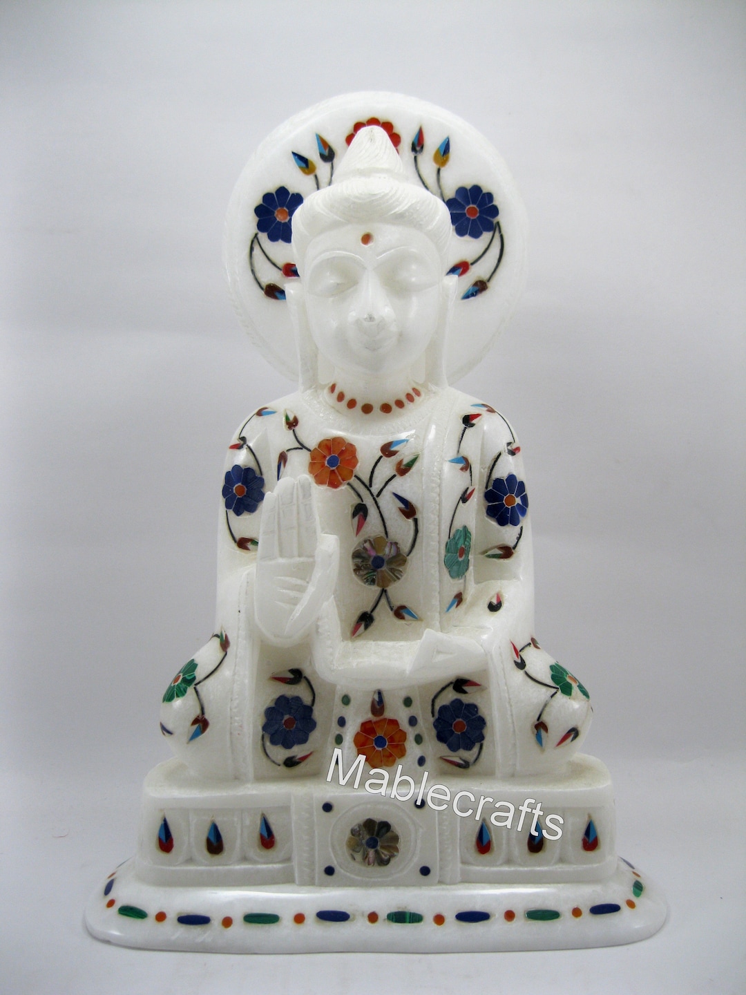8 Inches White Marble Lord Buddha Statue Semi Precious Stone Inlay Work ...