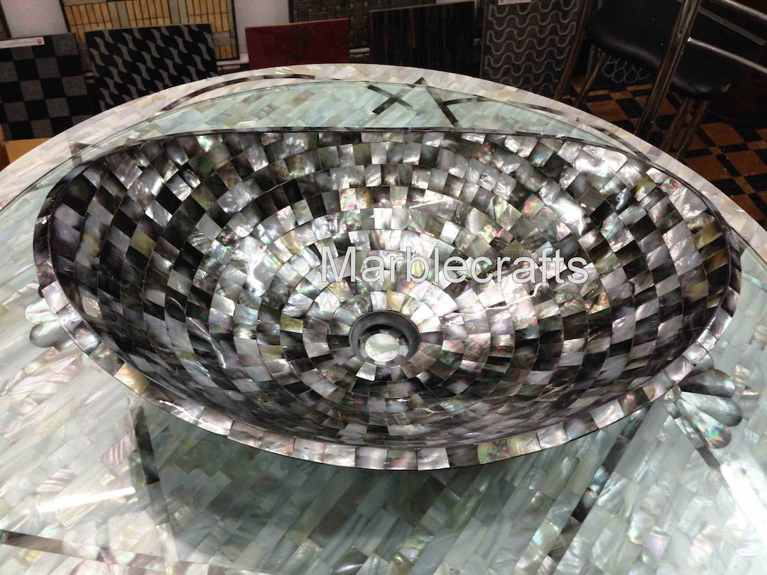 Oval Marble Sink for Bathroom Area Decor Black Mother of Pearl Random ...