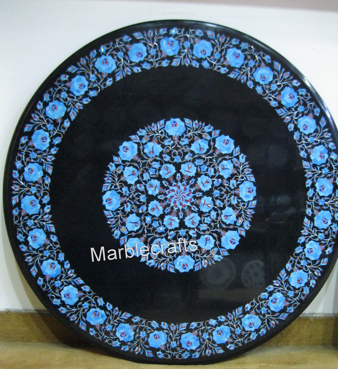 36 X 36 Inches Round Shape Black Marble Dining Table Top Turquoise ...