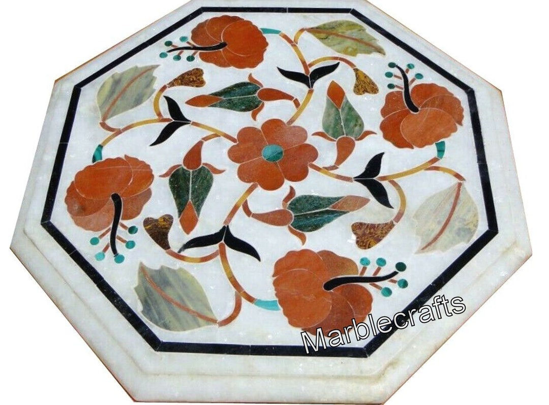 Octagon Shape White Marble Coffee Table Top Hibiscus Floral Pattern ...