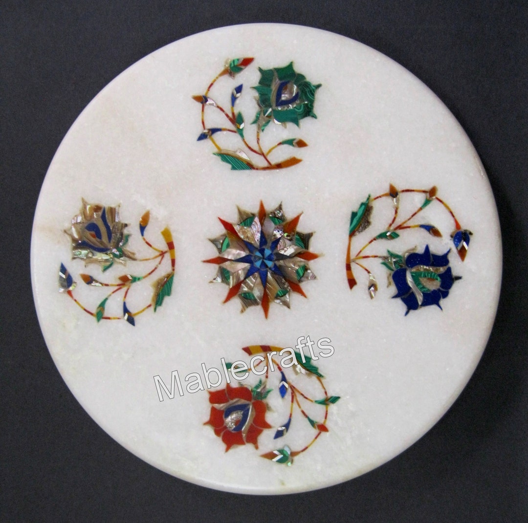 White Marble Chakla for Home Decor | Floral Pattern Inlay Work Rolling ...
