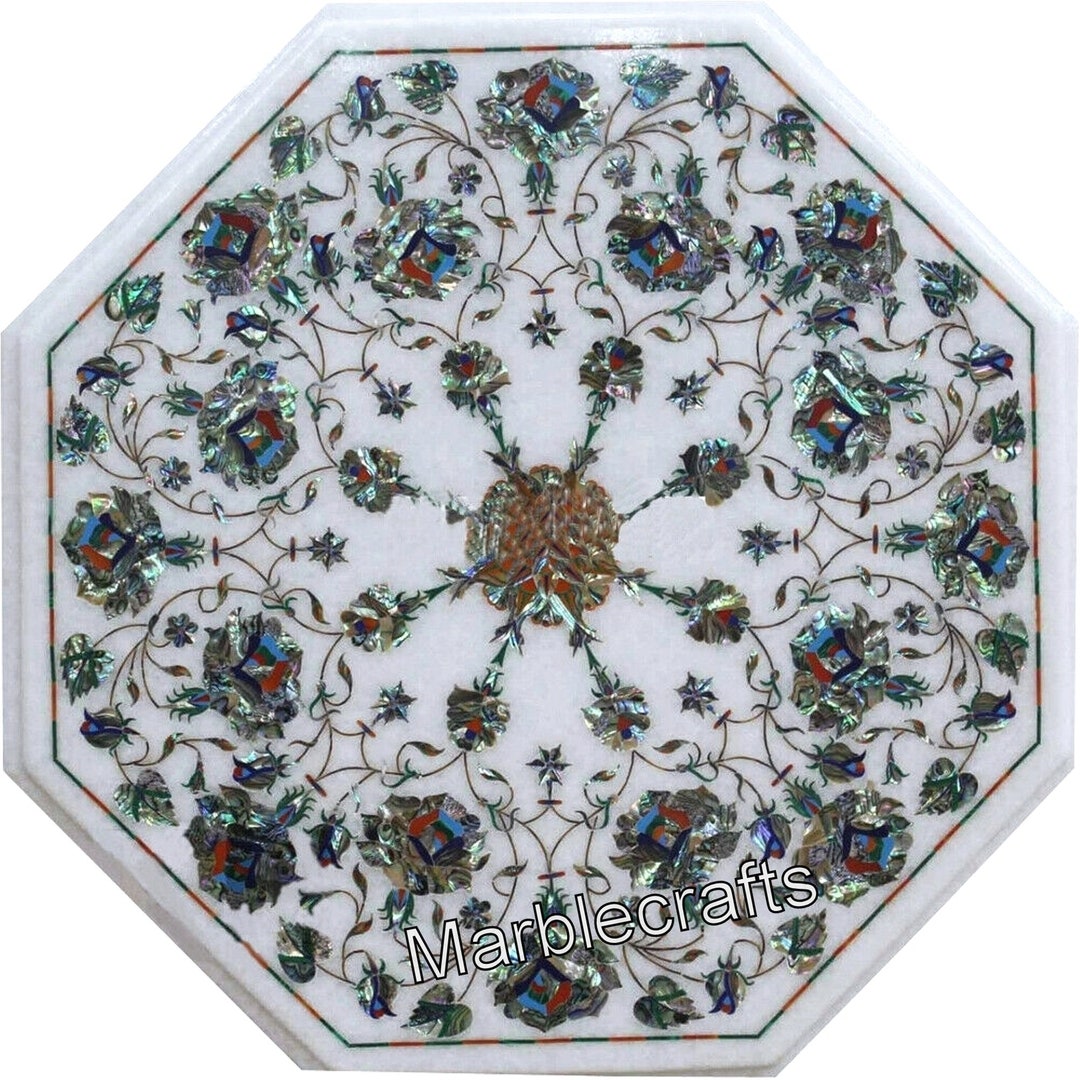 White Marble Patio Coffee Table Top With Elegant Look Multicolor Stone ...