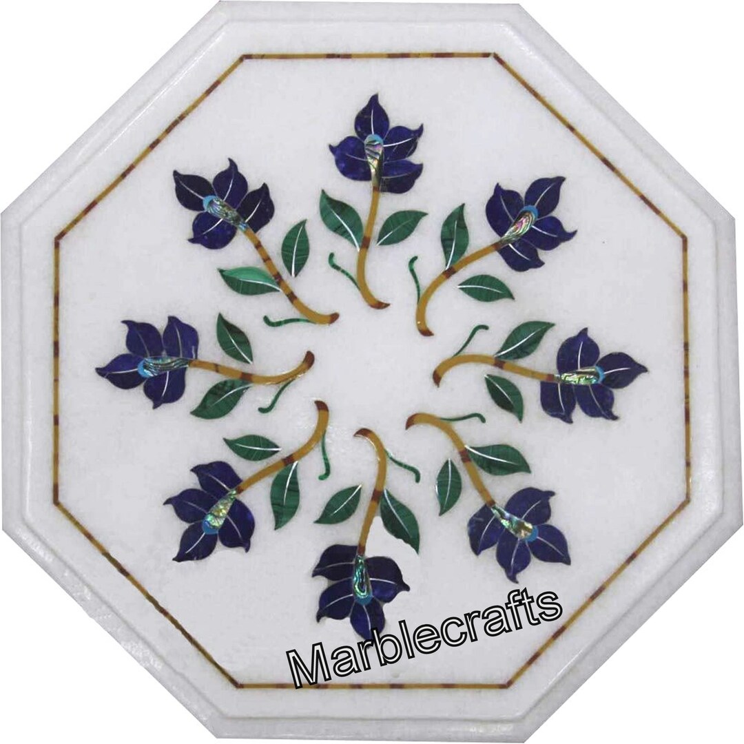 White Marble Octagon Shape Coffee Table Top Leaves Pattern Inlay Work ...