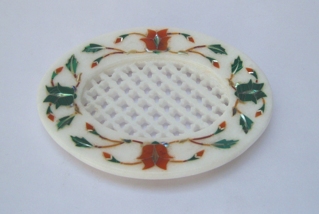 White Marble Soap Dish for Wash Basin Decor | Filigree Work Soap Saver ...