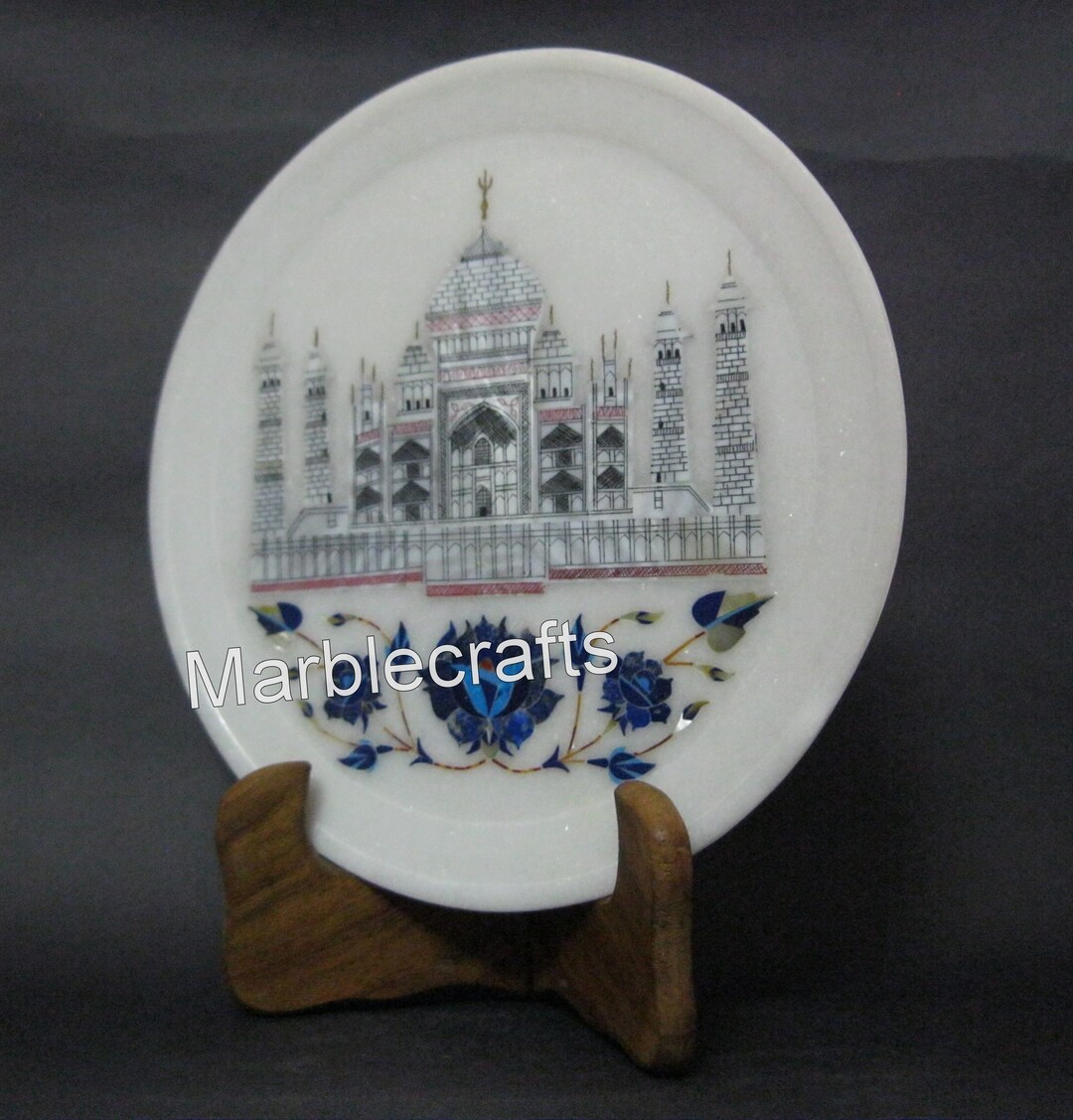 Handmade Marble Plate With Taj Mahal Art Inlay | 9 Inch Pizza Serving ...