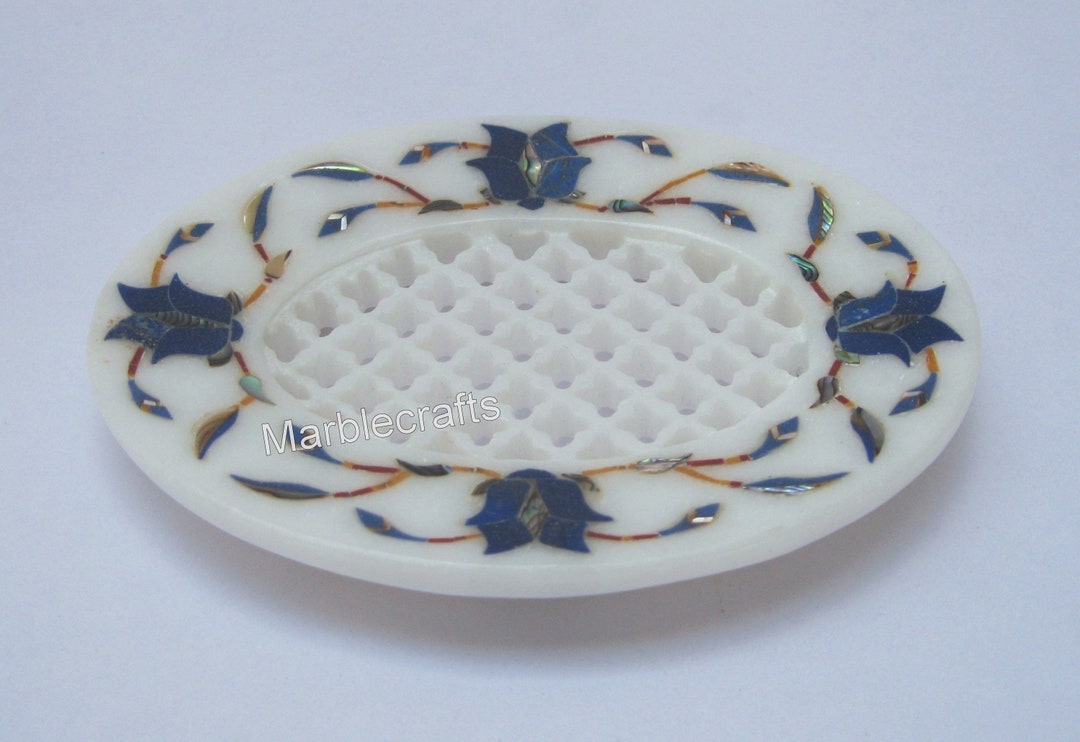 4.5 X 3.5 Inches Oval Shape White Marble Soap Case Lapis Lazuli Stone ...
