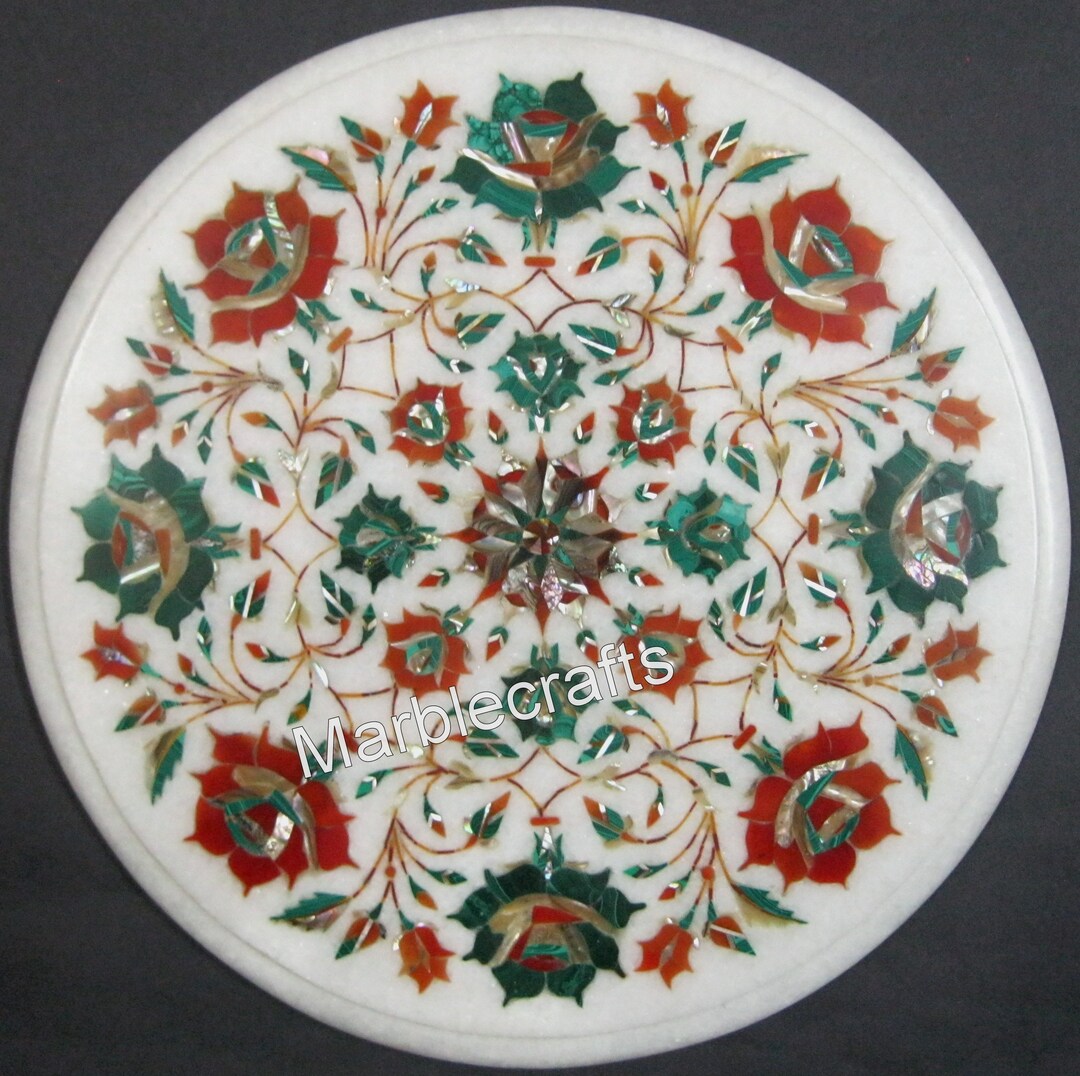 12 X 12 Inches Round Shape White Marble Coffee Table Top Semi Precious ...