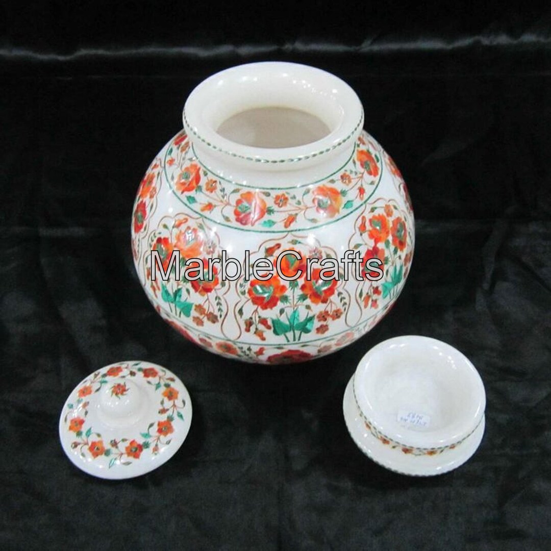 11 Inches White Marble Plant Pot With Lid and Stand Semi Precious Stone ...