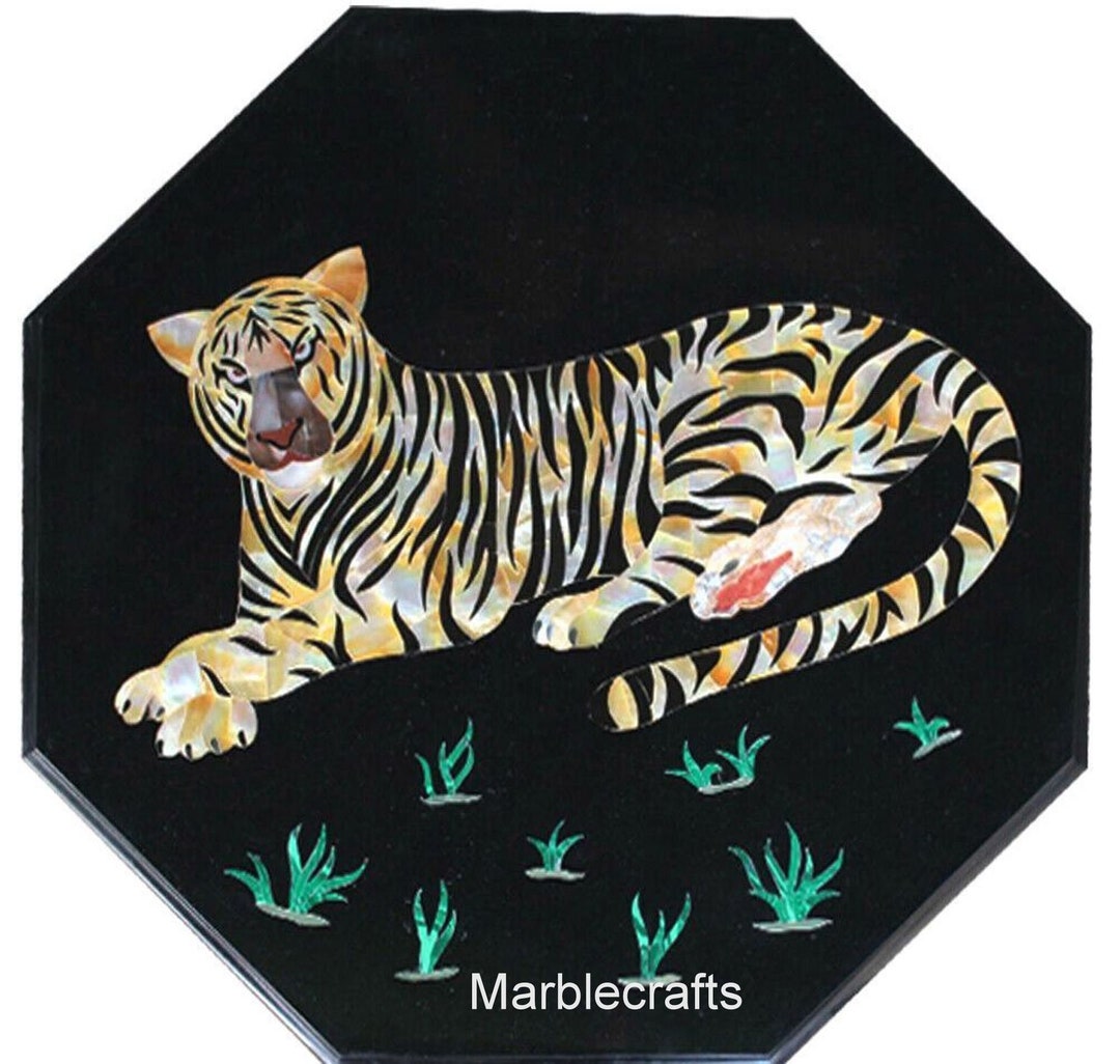 Octagon Shape Black Marble Coffee Table Top With Royal Look Tiger ...