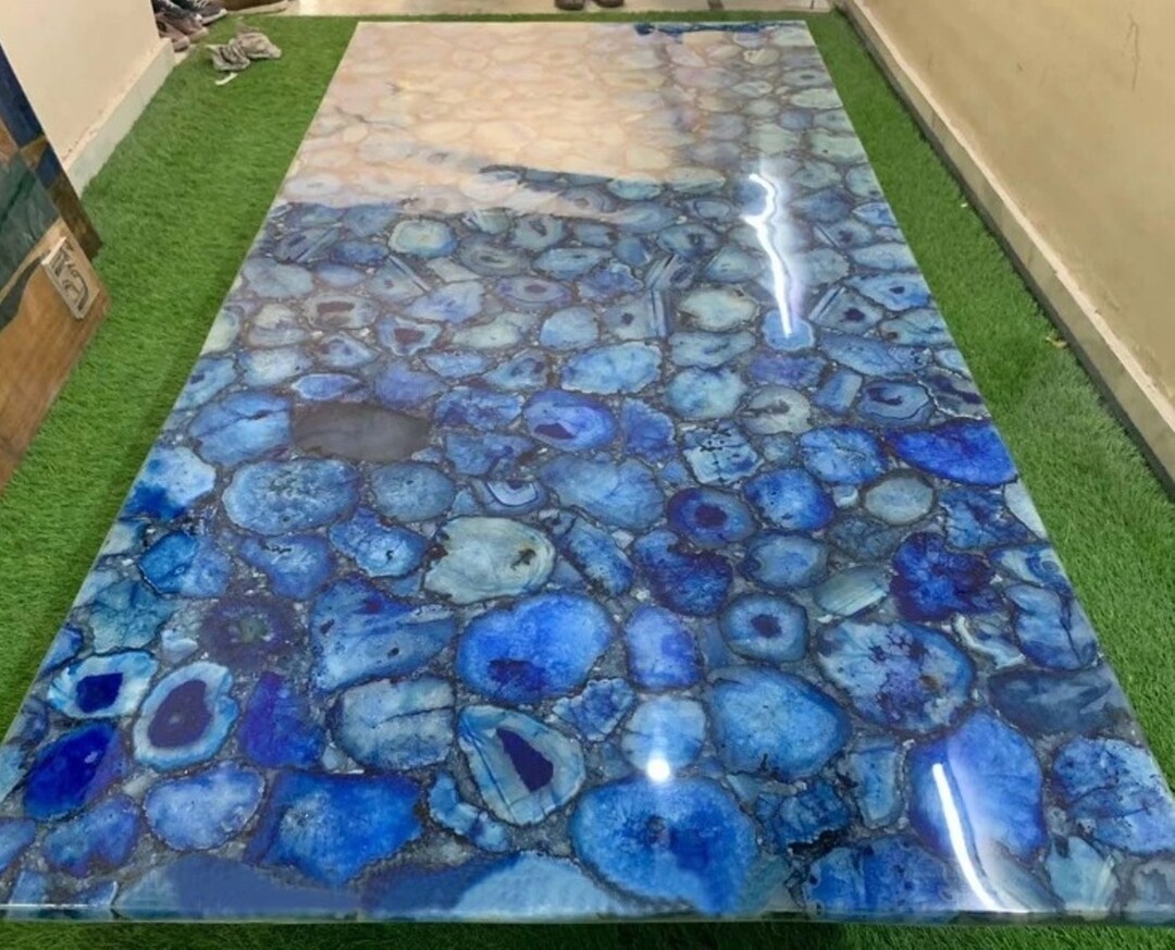 Blue Agate Dining Table Top | Epoxy Agate Reception Table for Office ...