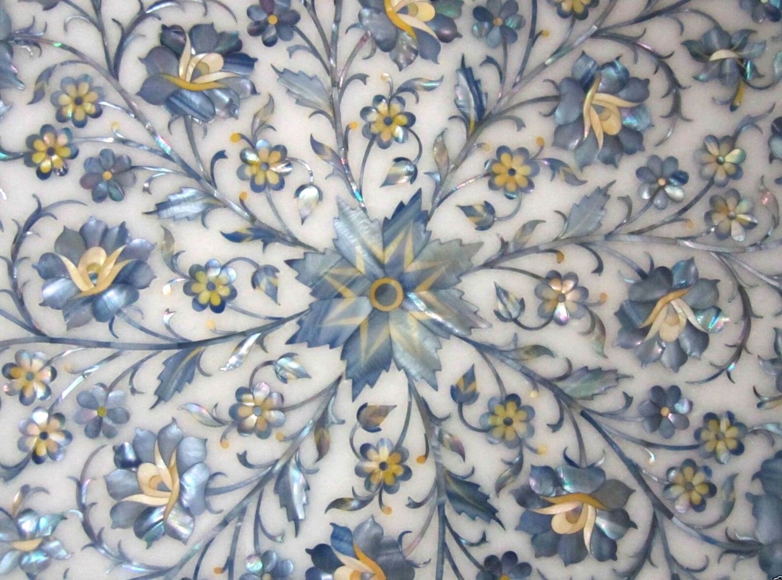 Blue Mother of Pearl Inlay Work Coffee Table Top Round Shape White ...