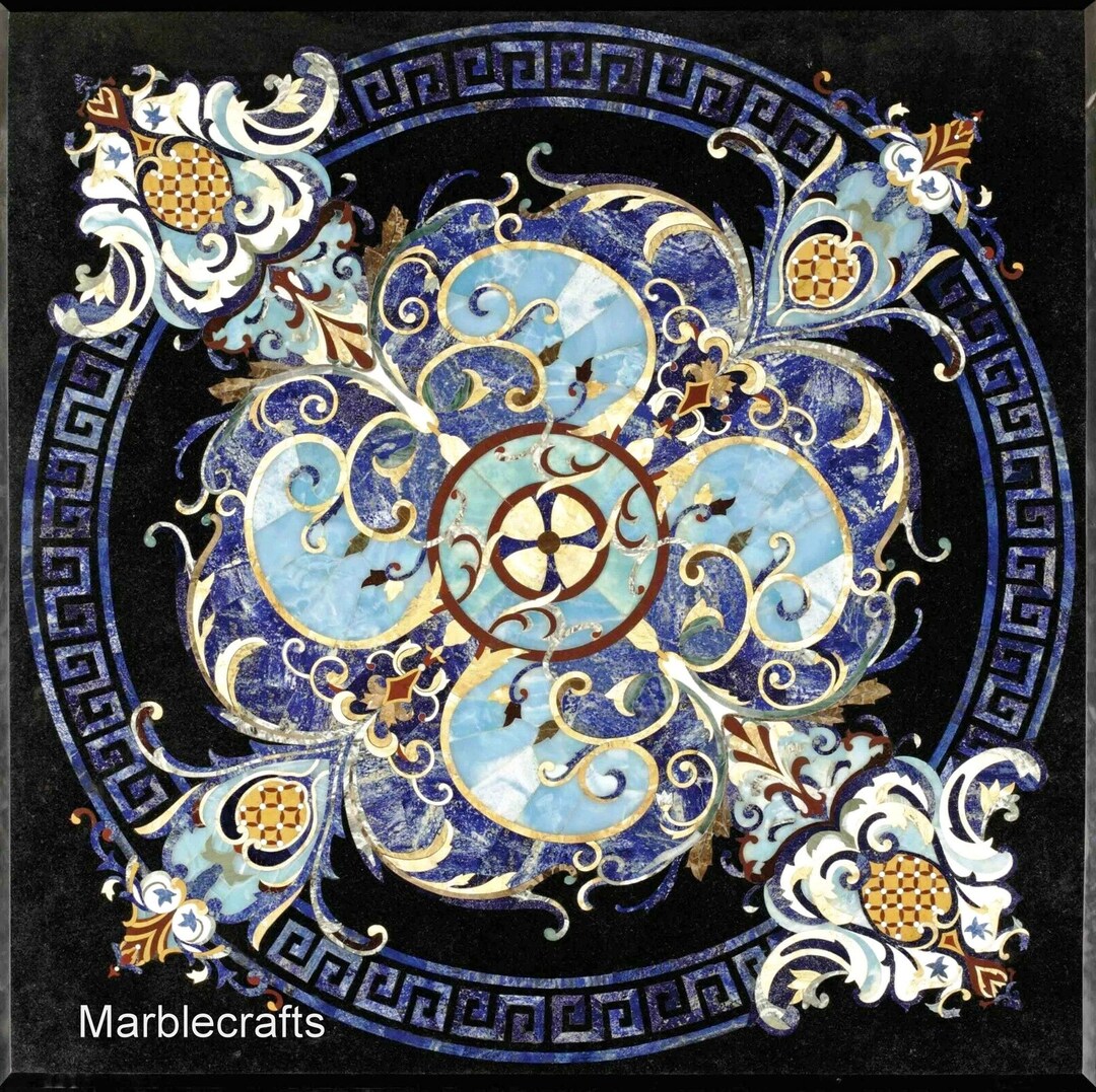 Square Shape Black Marble Dining Table Top With Royal Look Pietra Dura ...