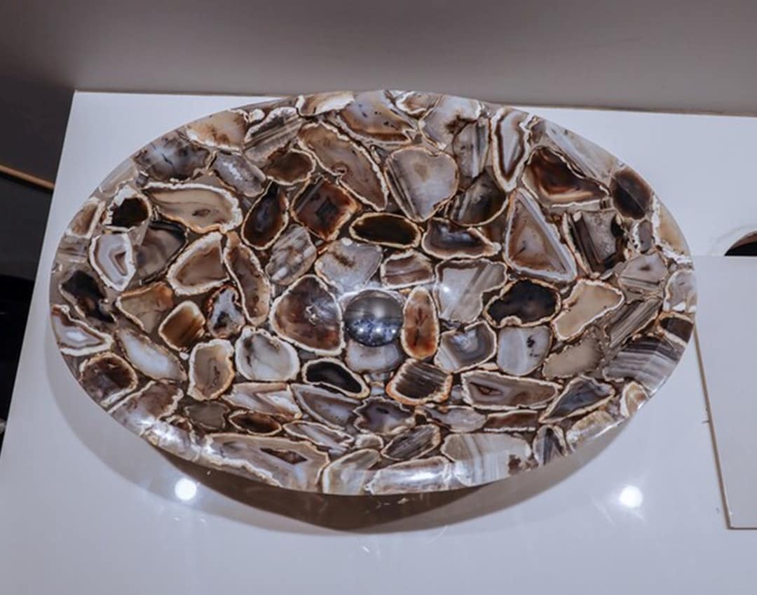 Oval Shape Grey Wash Basin With Royal Look Agate Stone Epoxy Art ...